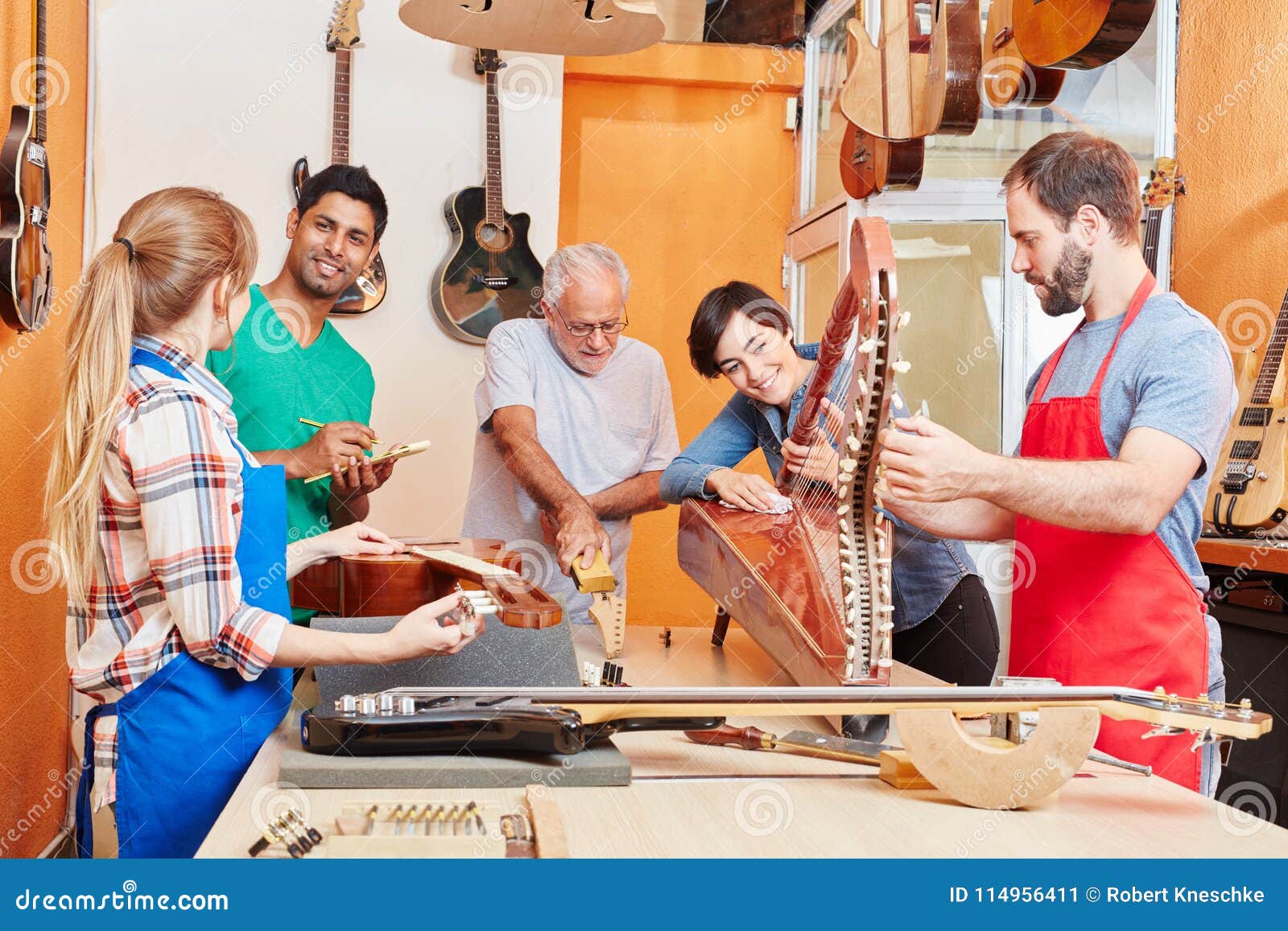 Team of Luthiers Working at Workshop Stock Image - Image of master ...