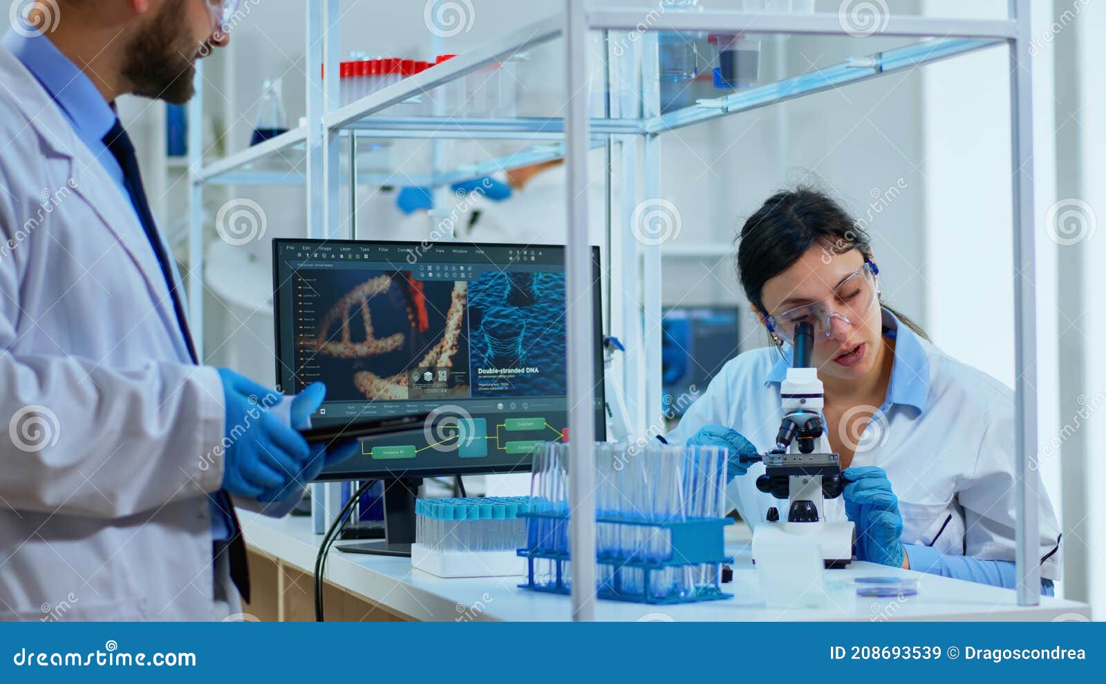 Team Medical Scientist Conducting DNA Experiments Under Digital ...