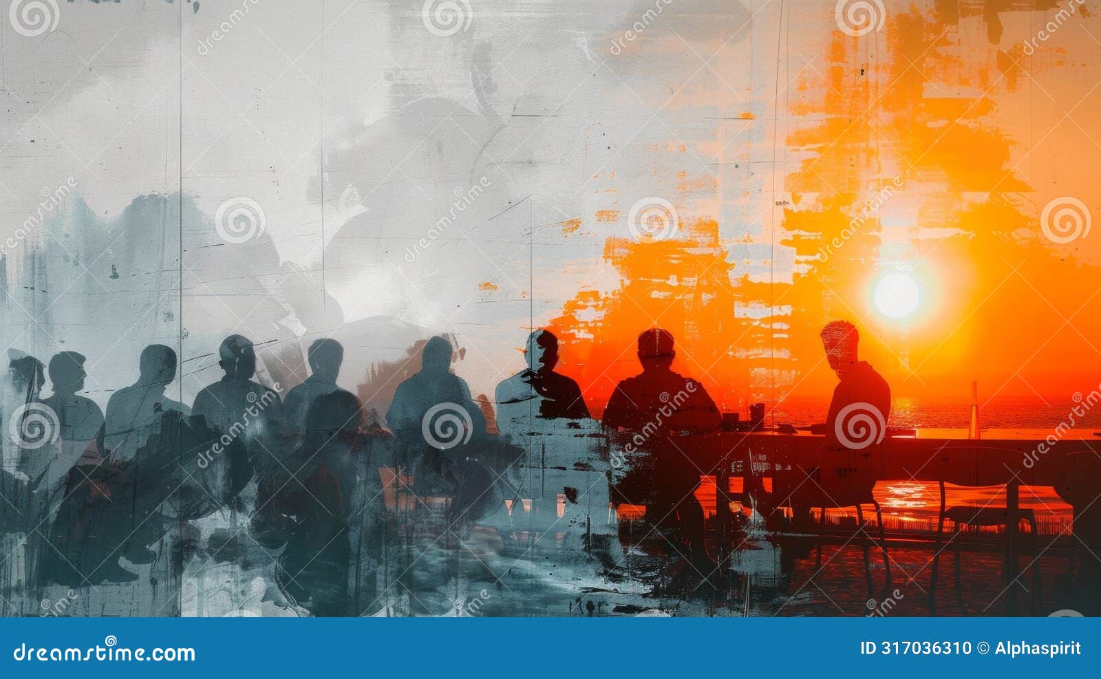 Team Meeting Against a Stunning Sunset Backdrop, a Creative Collage ...