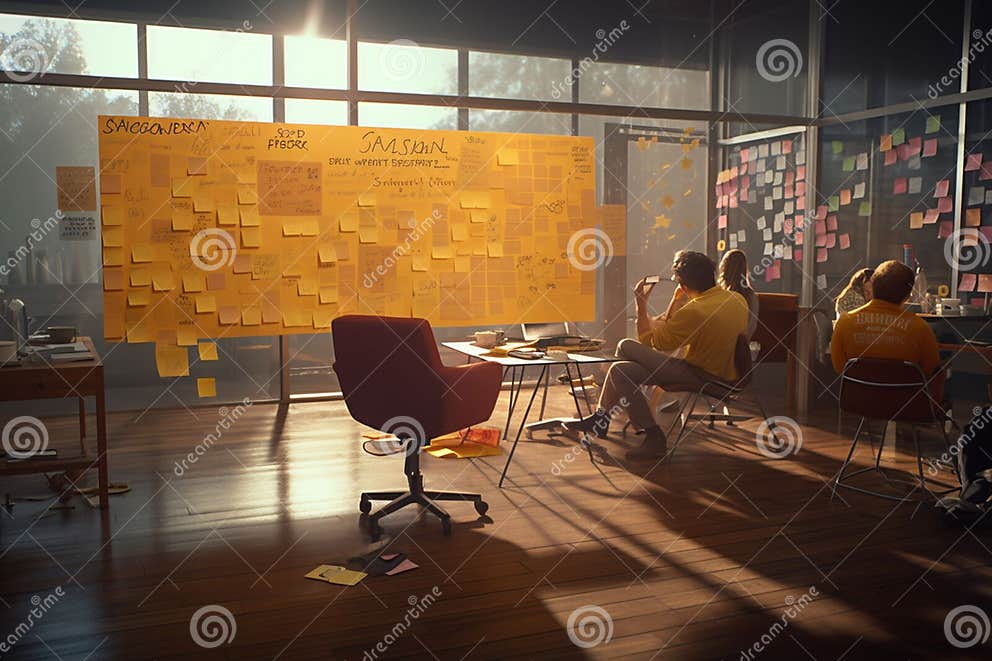 Team Meeting with a Whiteboard and Sticky Notes Stock Illustration ...