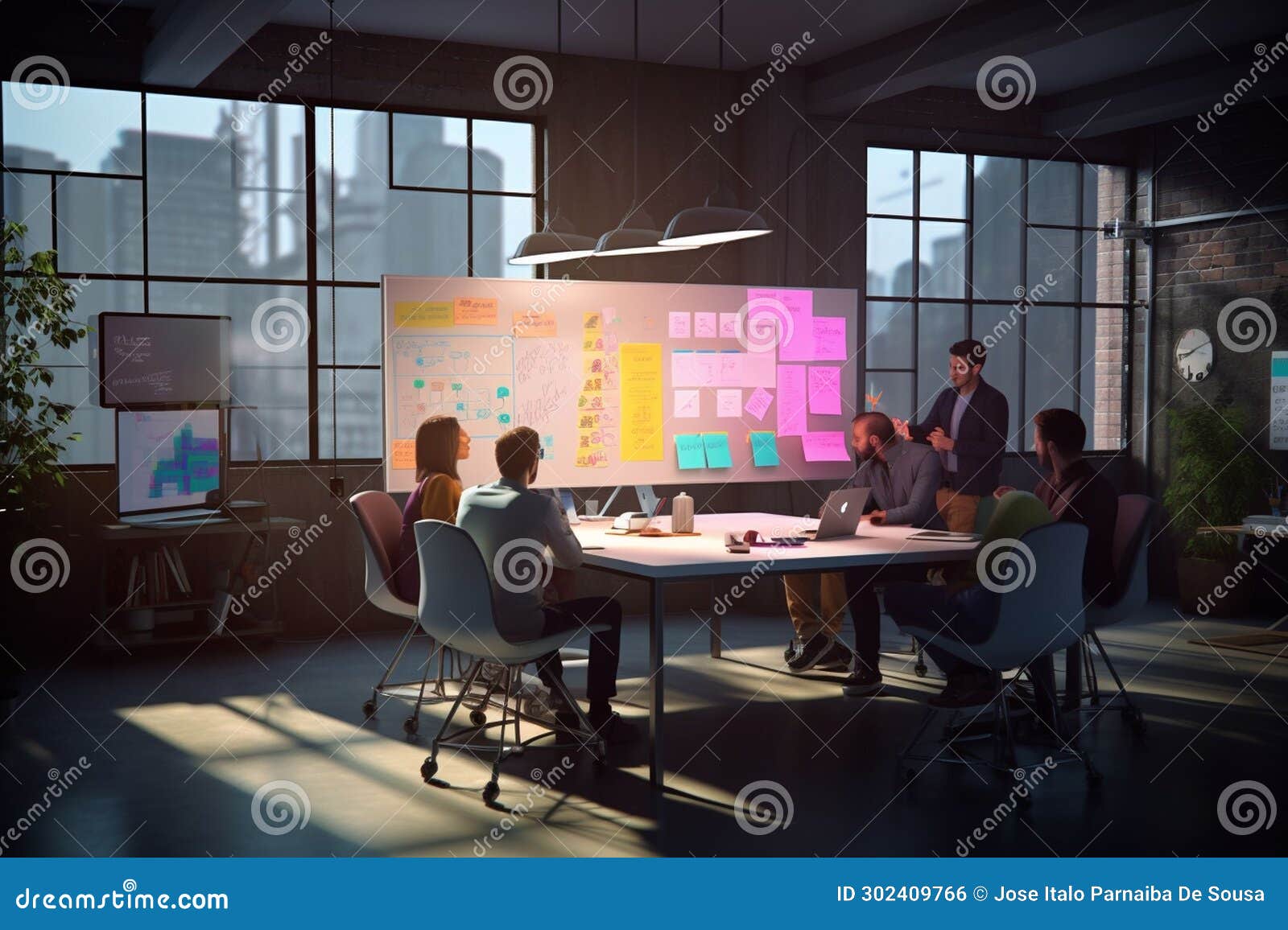 Team Meeting with a Whiteboard and Sticky Notes Stock Illustration ...
