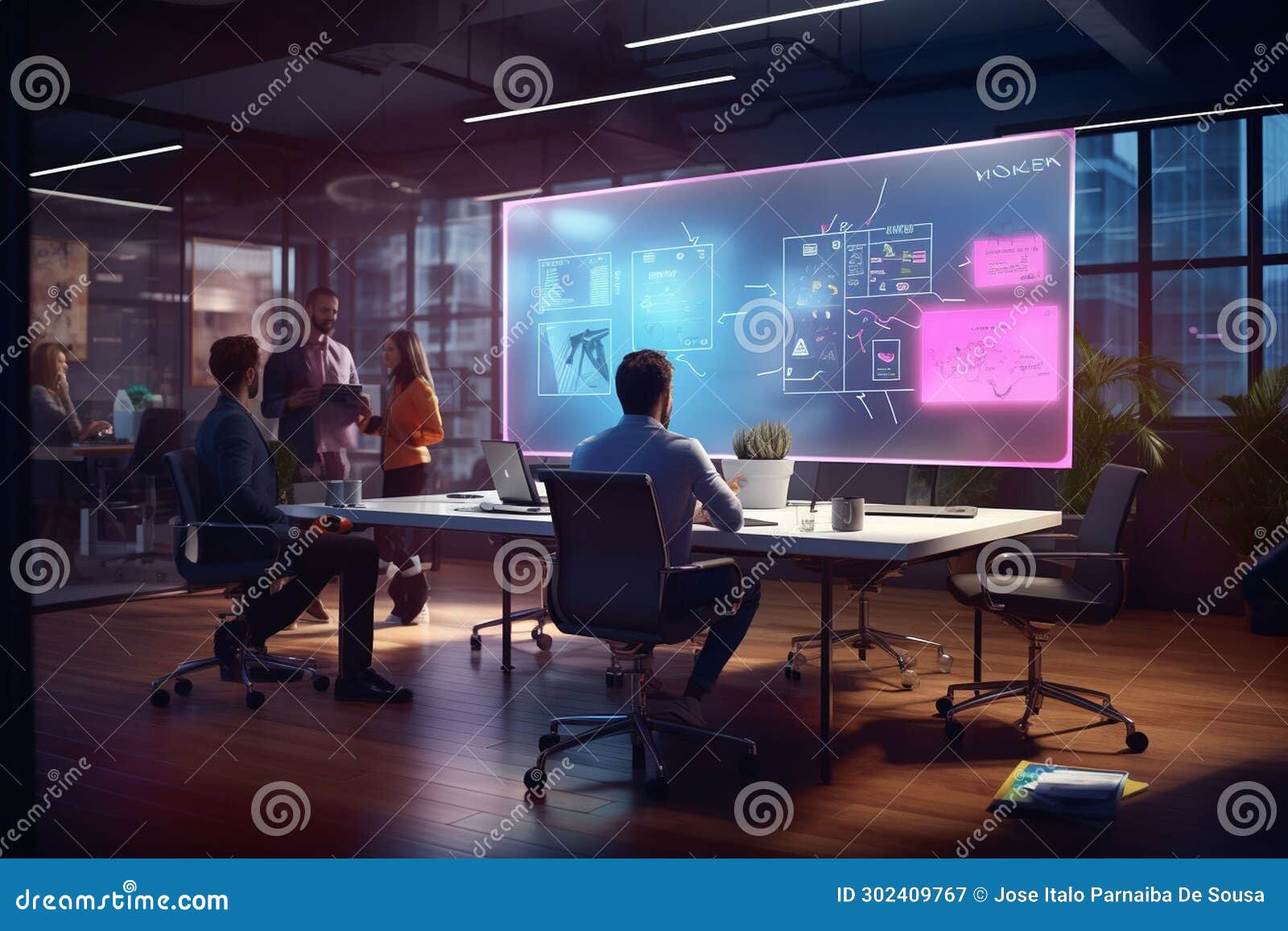 Team Meeting with a Whiteboard and Sticky Notes Stock Illustration ...