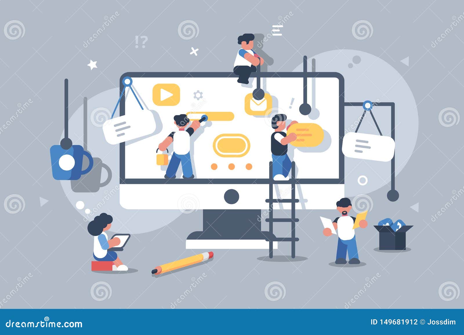 Team of People Building or Designing Computer App. Stock Illustration ...