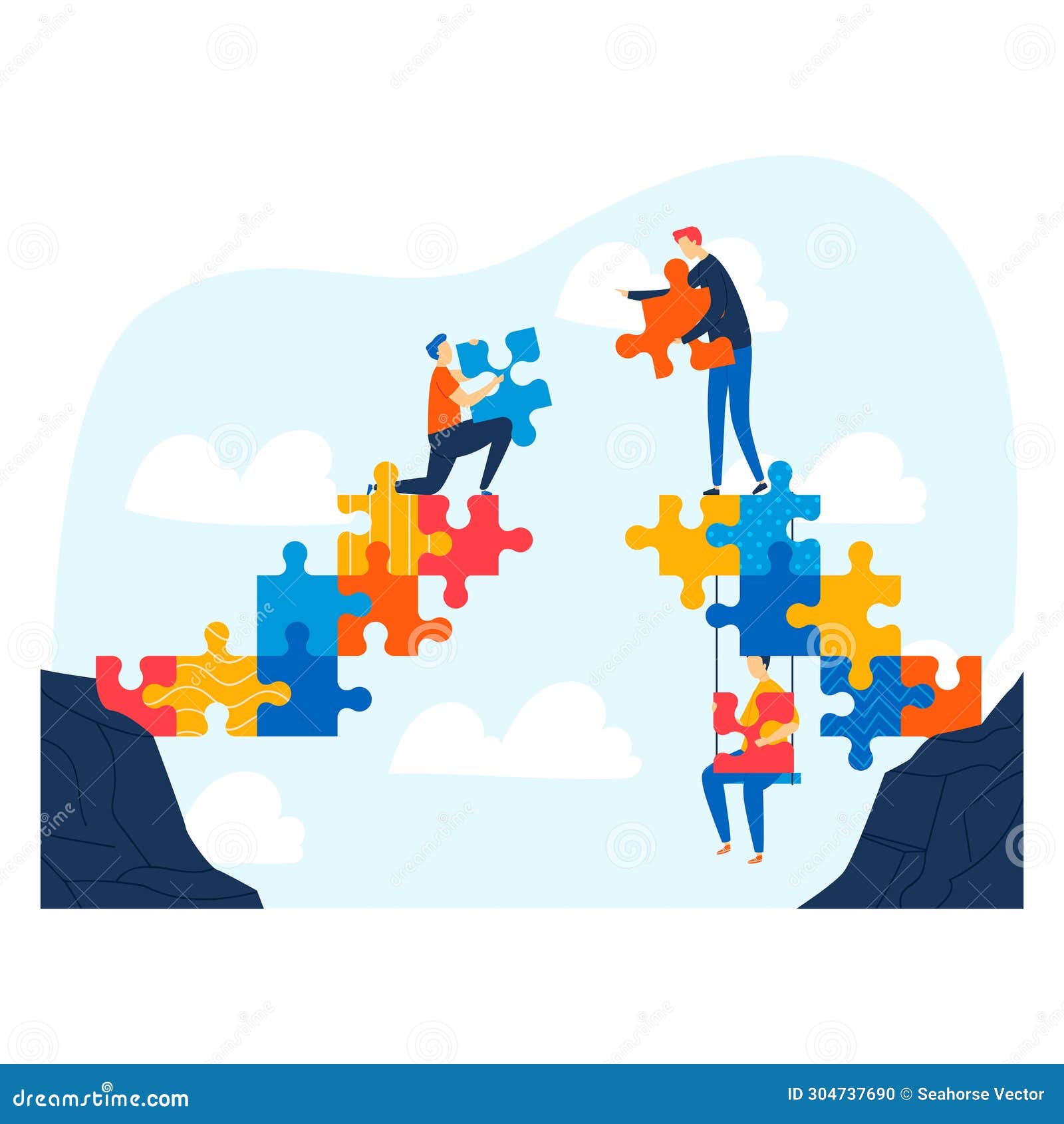 Team of People Constructing Puzzle Bridge Across Cliff. Teamwork and ...