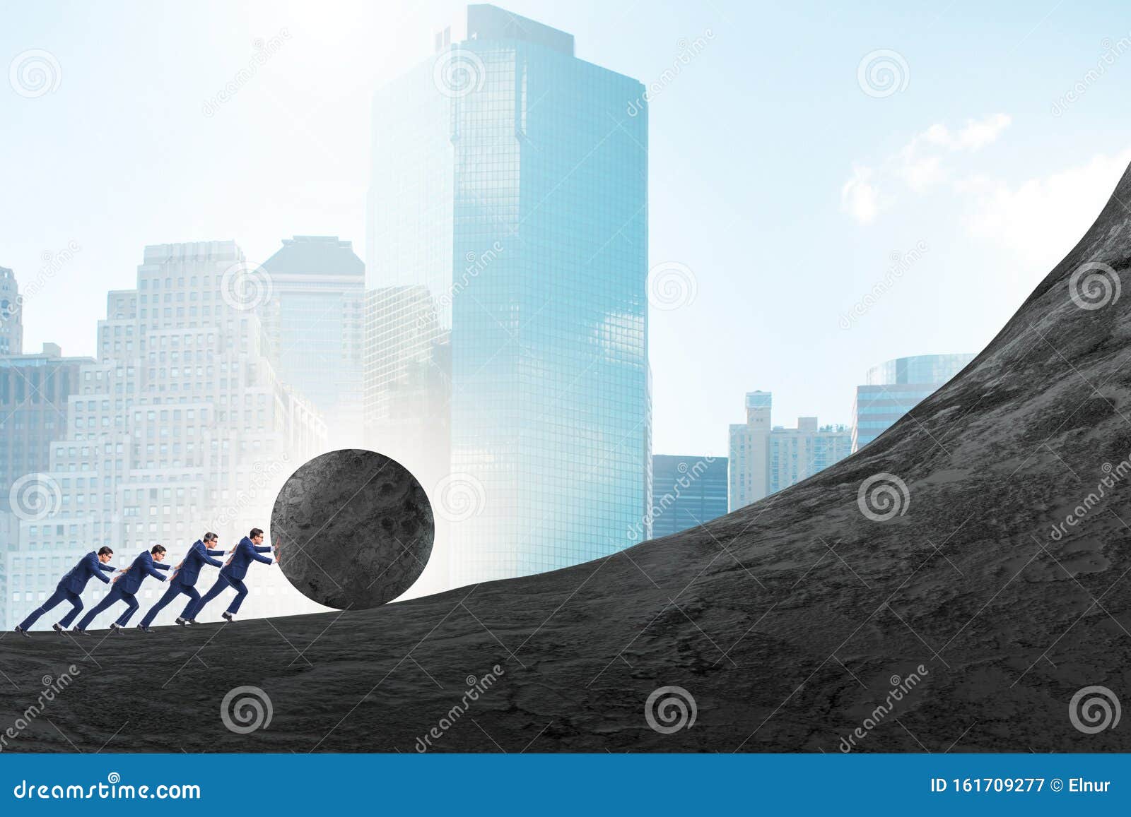 Team Of People Pushing Stone Uphill Stock Image - Image of heavy ...