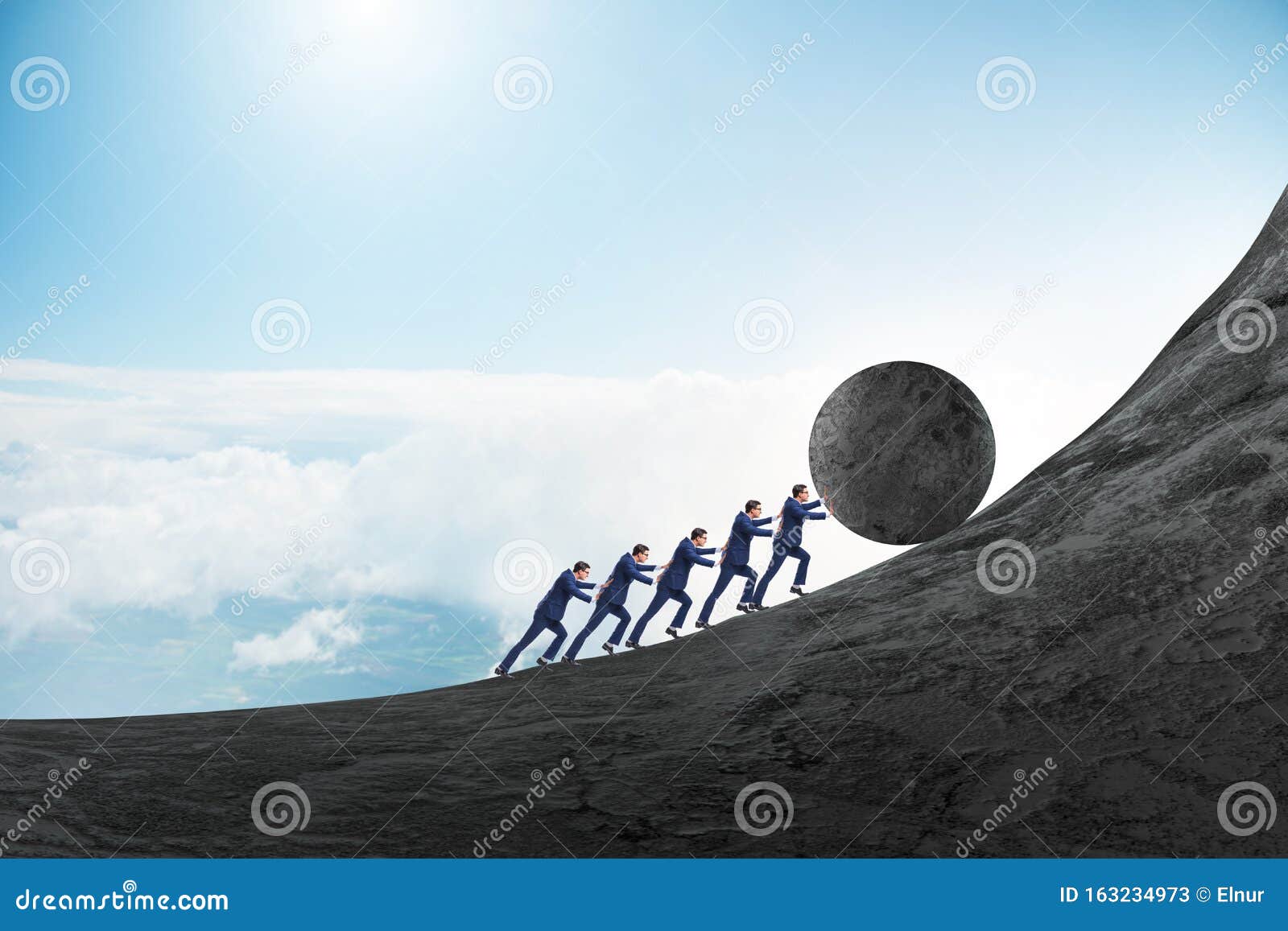 Team of People Pushing Stone Uphill Stock Image - Image of partnership ...