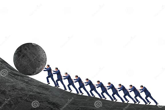 Team of People Pushing Stone Uphill Stock Image - Image of goal ...