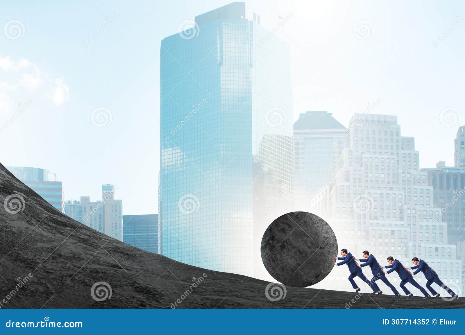 Team of People Pushing Stone Uphill Stock Photo - Image of difficulty ...
