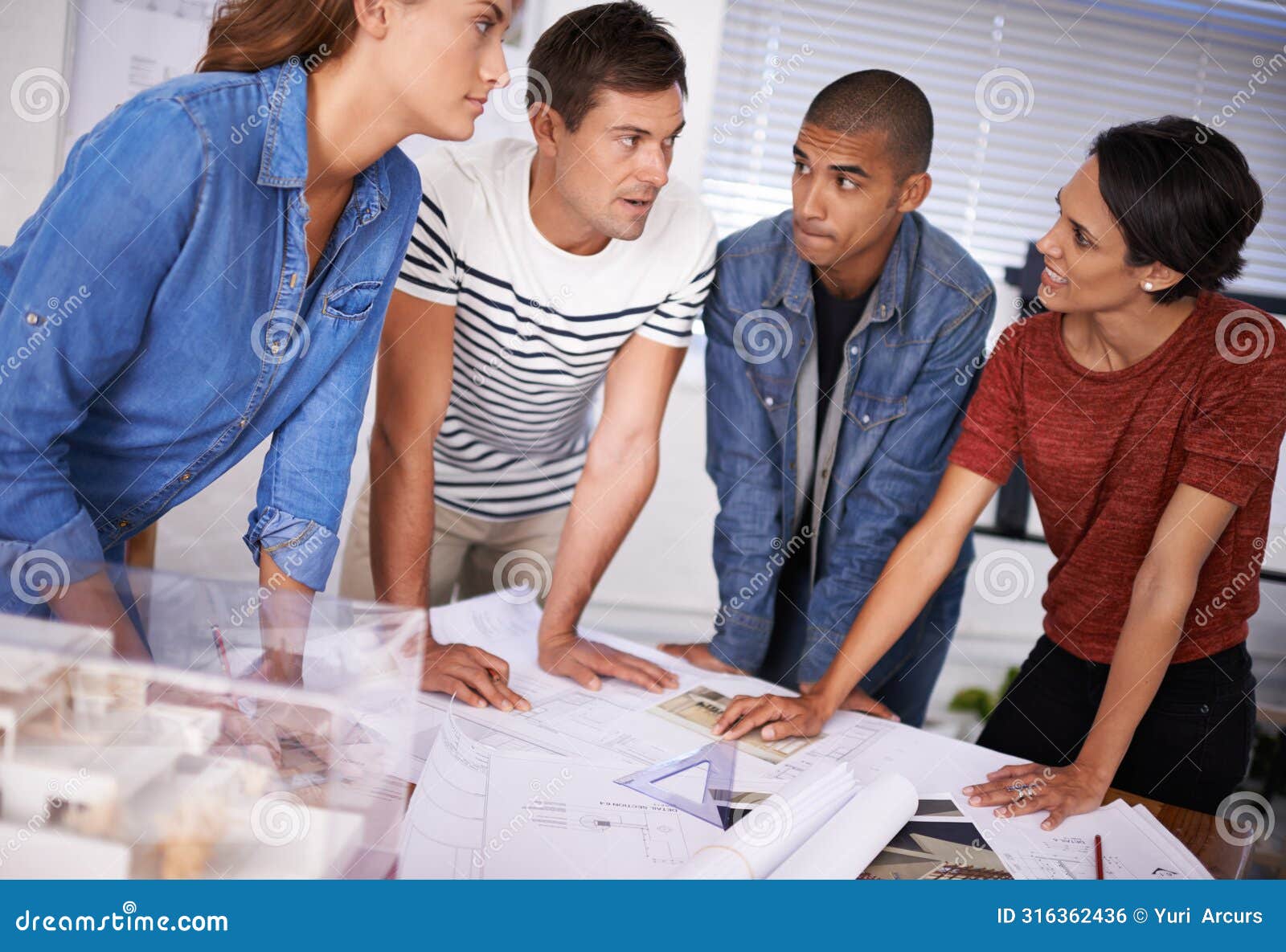 Team, Planning and Architects with Blueprint for Discussion, Building ...