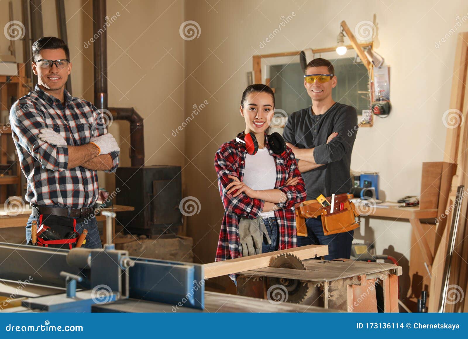 Team of Professional Carpenters in Workshop Stock Photo - Image of ...