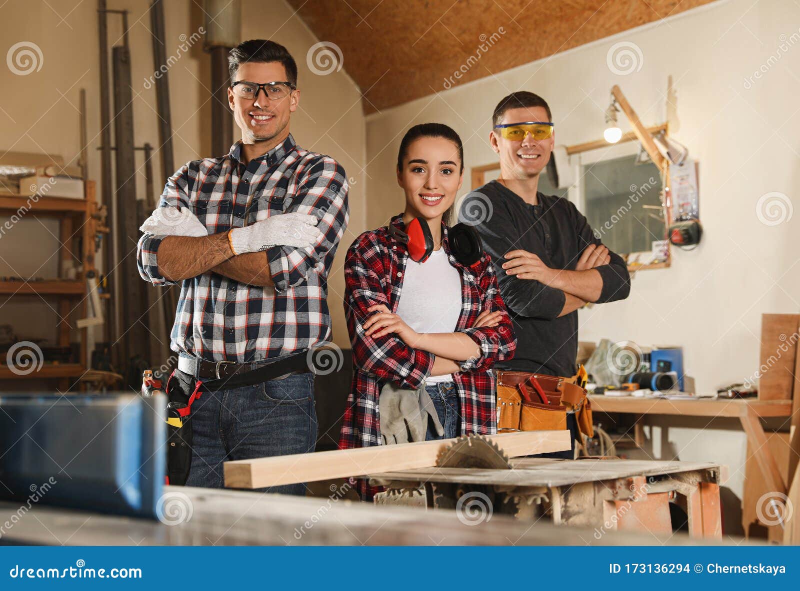 Team of Professional Carpenters in Workshop Stock Photo - Image of ...