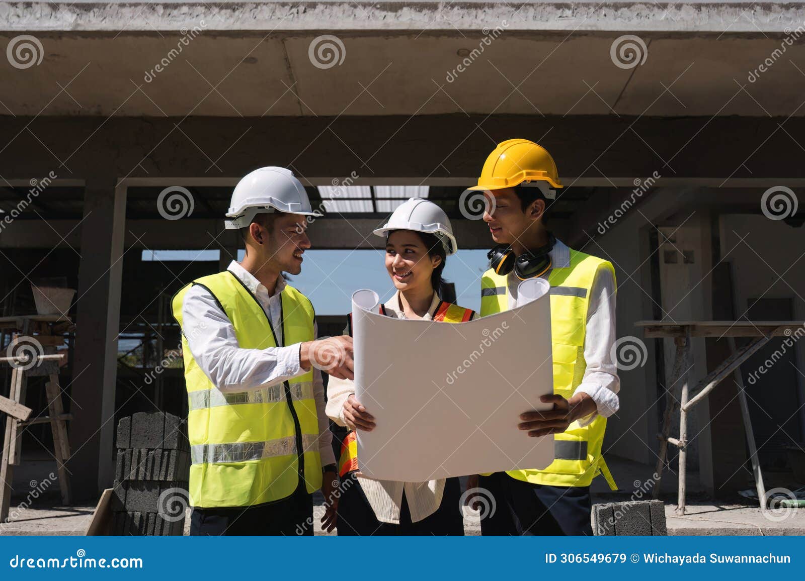Team of Professional Civil Engineers and Architects Holding Project ...