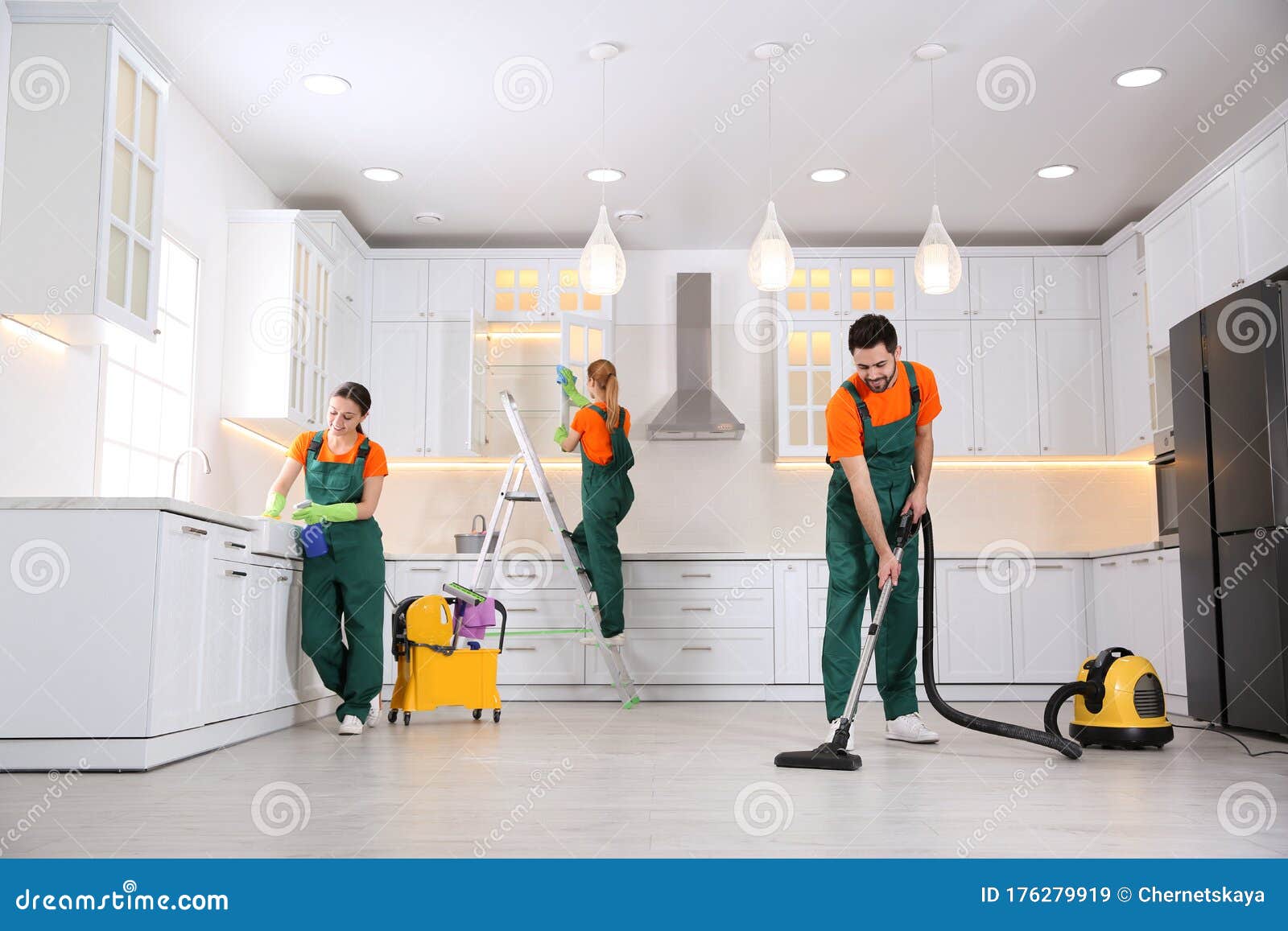 Team of Professional Janitors Cleaning Kitchen Stock Image - Image of ...