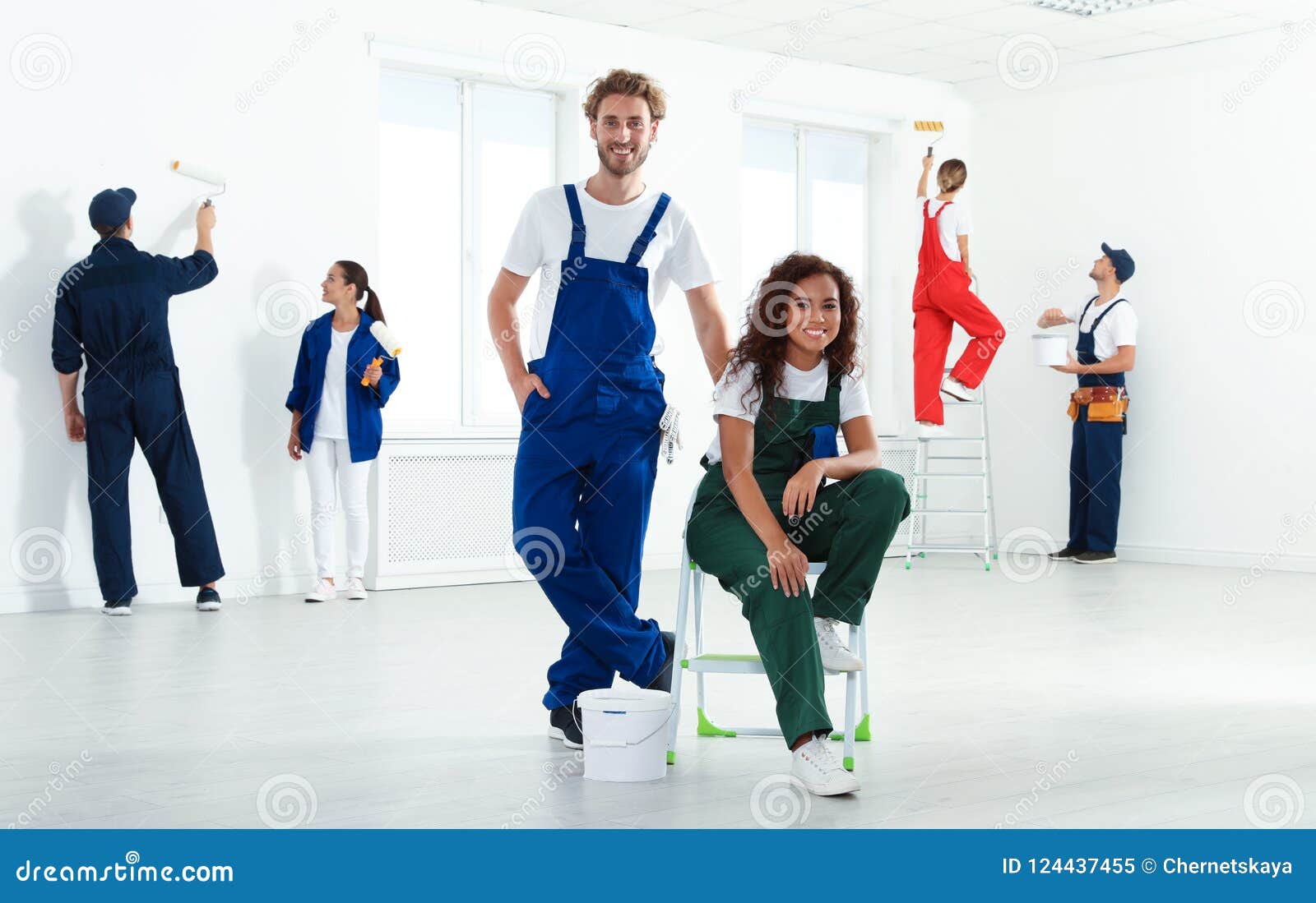 Team of Professional Painters with Tools Working Stock Image - Image of ...