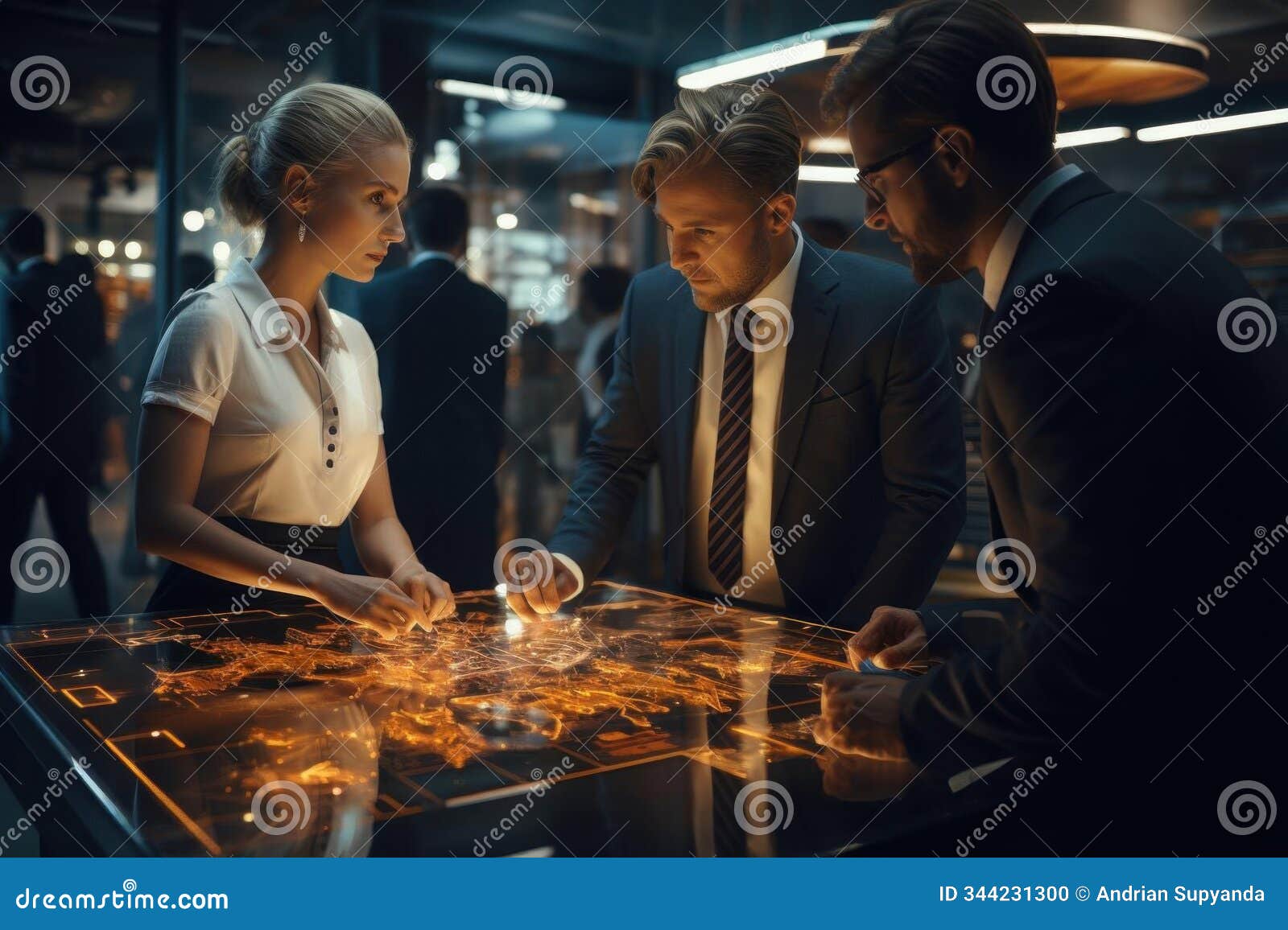 Team of Professionals Analyze Interactive Map on Touchscreen Table ...