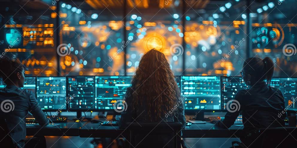 Team of Professionals Analyzing Data on Multiple Futuristic Screens in ...