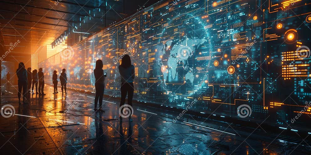 Team of Professionals Analyzing Data on Multiple Futuristic Screens in ...