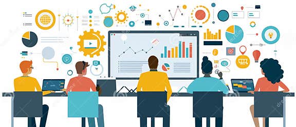 Team of Professionals Working on Data Analysis. Collaborative Workspace with Charts and Graphs ...