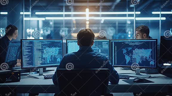 Team of Programmers Working Late at Night in a Modern Office, Focused ...