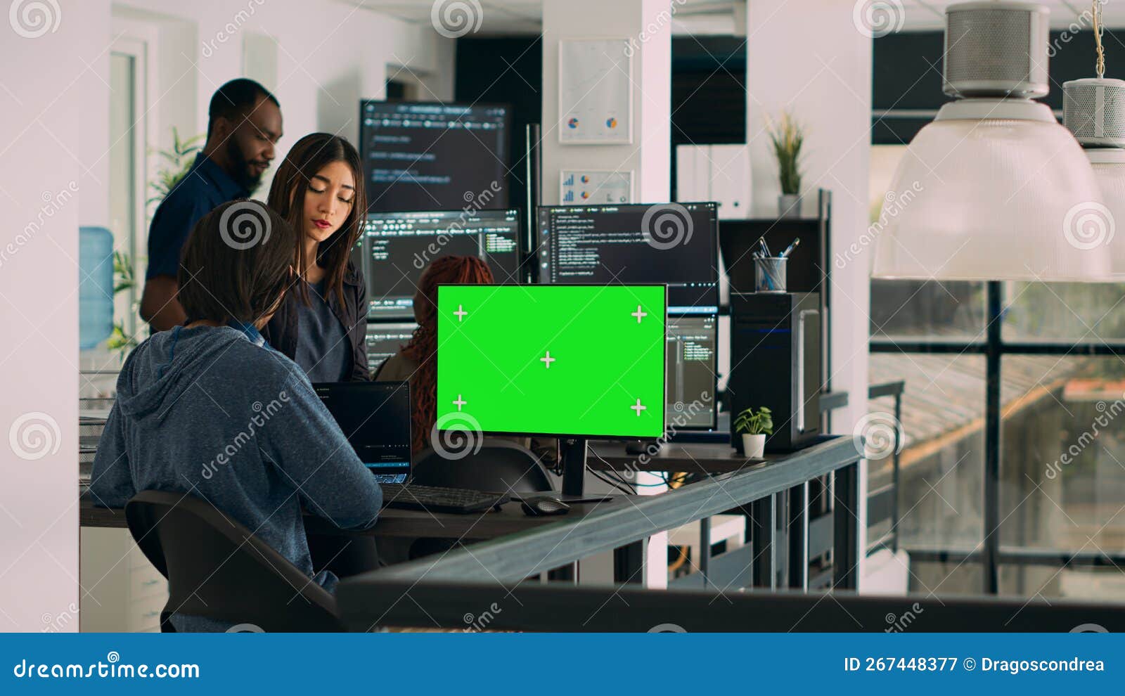 Team Of Programmers Working On Source Code With Greenscreen Monitor Royalty-Free Stock Photo ...