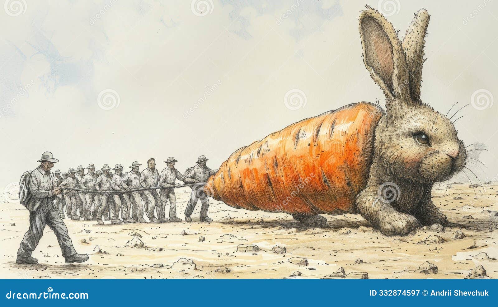 Team Pulling Oversized Carrot with Rabbit in Imaginative Artwork Stock ...