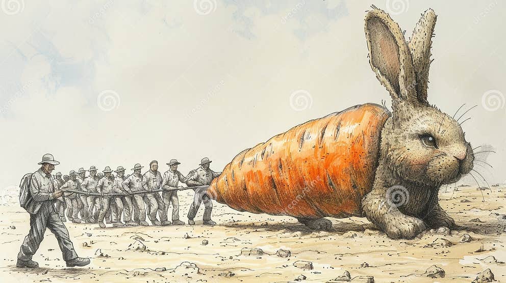 Team Pulling Oversized Carrot with Rabbit in Imaginative Artwork Stock ...