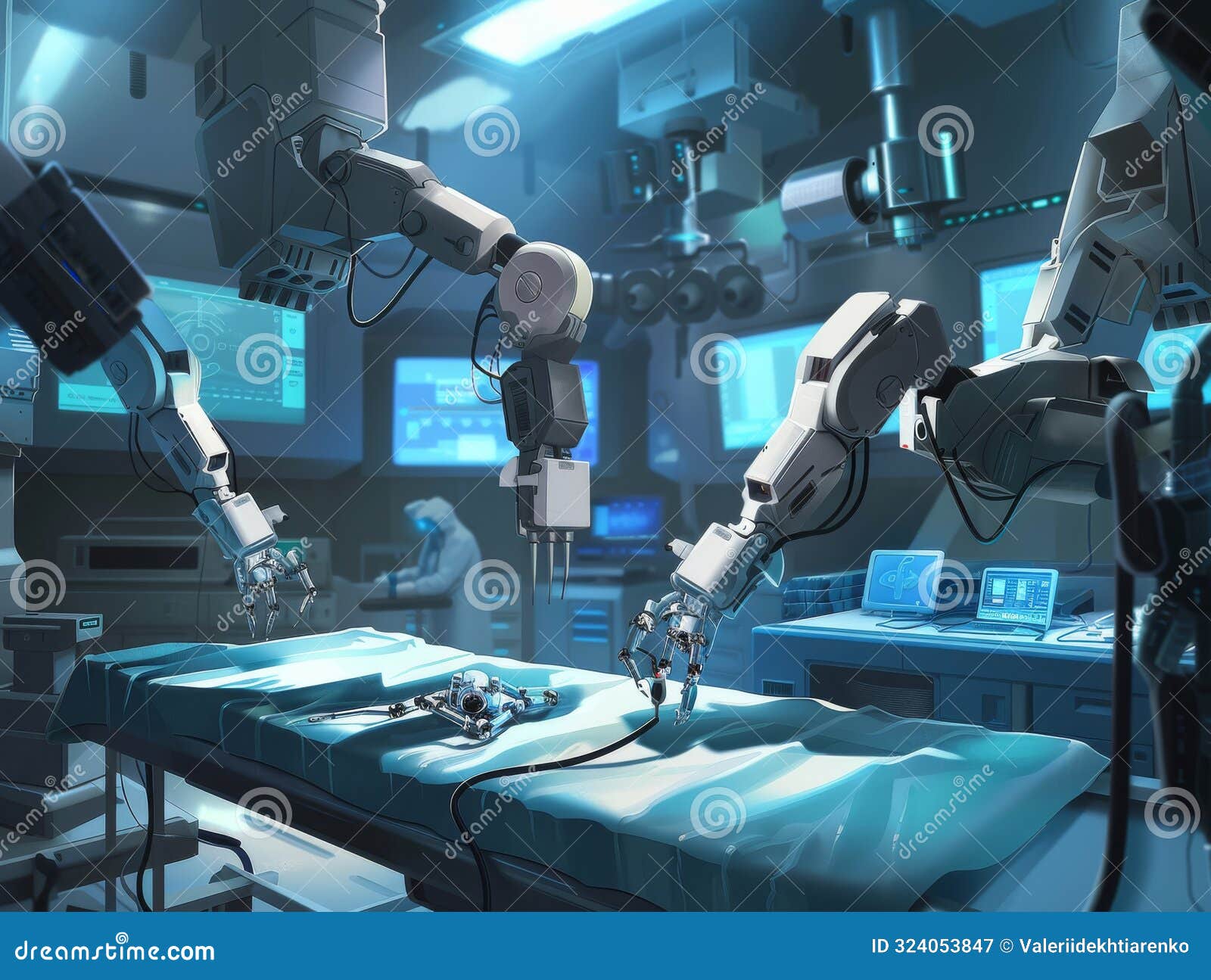 Team of Robotic Arms Performing Complex Surgery in a High-Tech ...