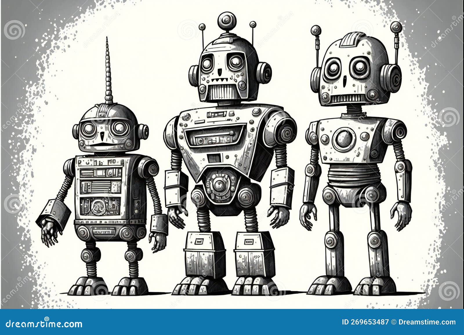 Team of Robots Vintage Toys Ink Drawing, Technology, Electronics Stock ... Team of Robots Vintage Toys Ink Drawing, Technology, Electronics Stock ...