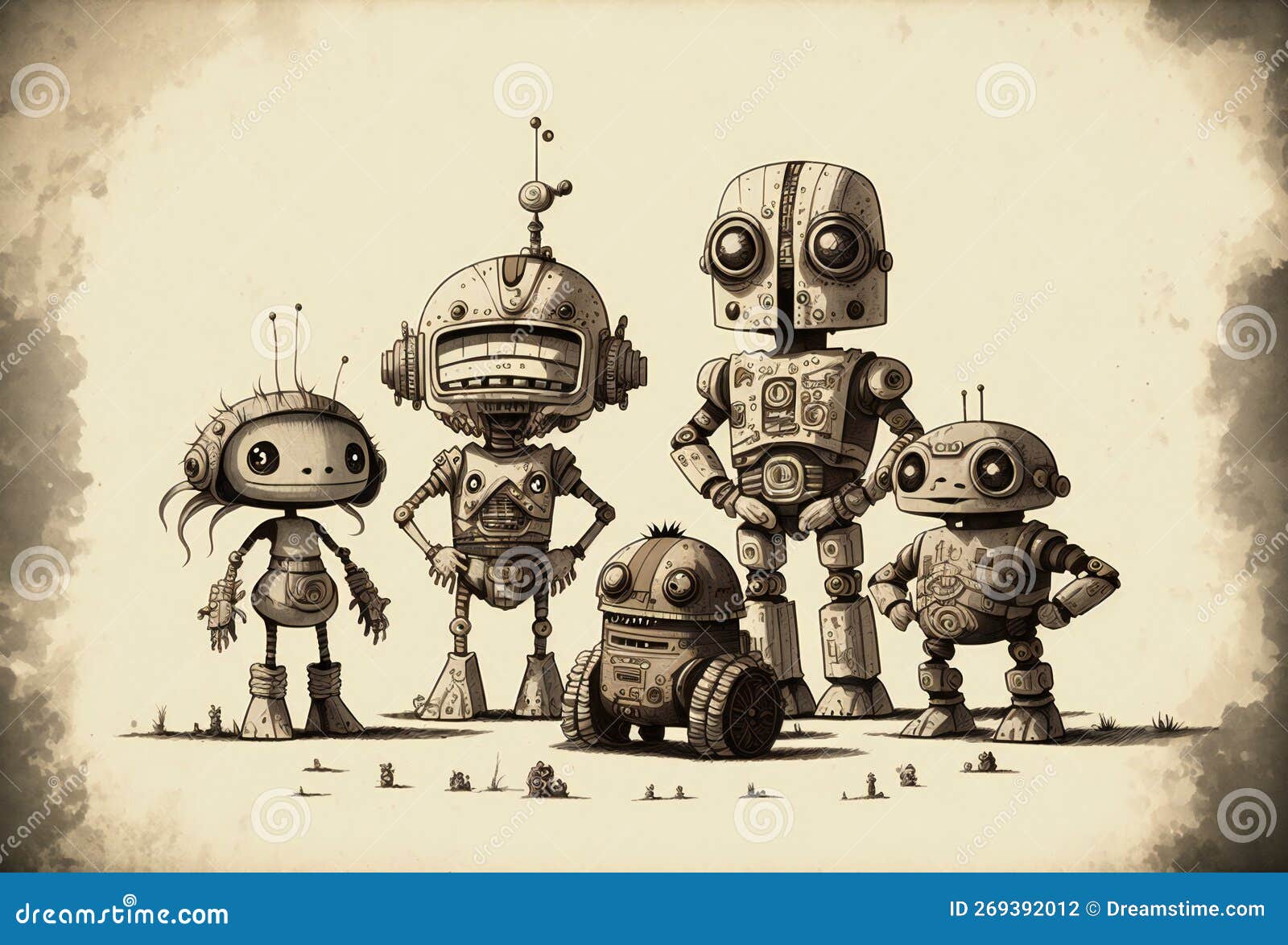 Team of Robots Vintage Toys Ink Drawing, Technology, Retro Stock ... Team of Robots Vintage Toys Ink Drawing, Technology, Retro Stock ...