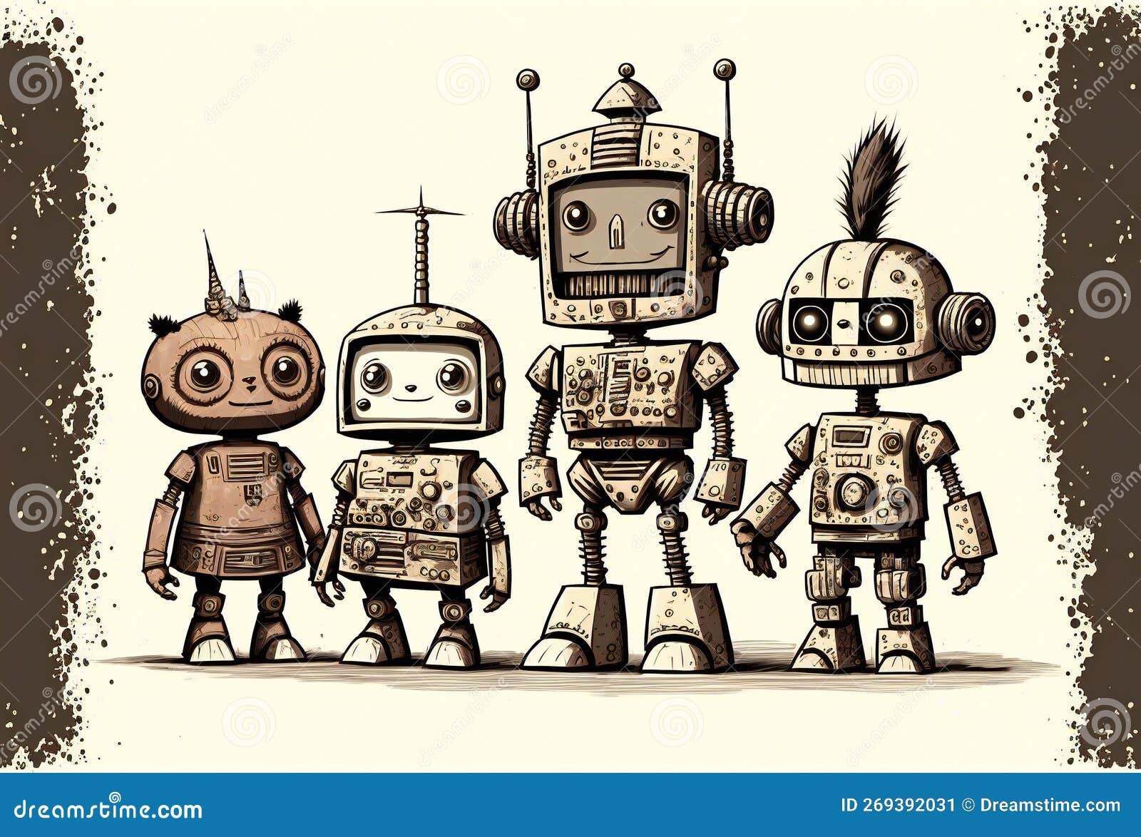 Team of Robots Vintage Toys Ink Drawing, Technology, Retro Stock ... Team of Robots Vintage Toys Ink Drawing, Technology, Retro Stock ...