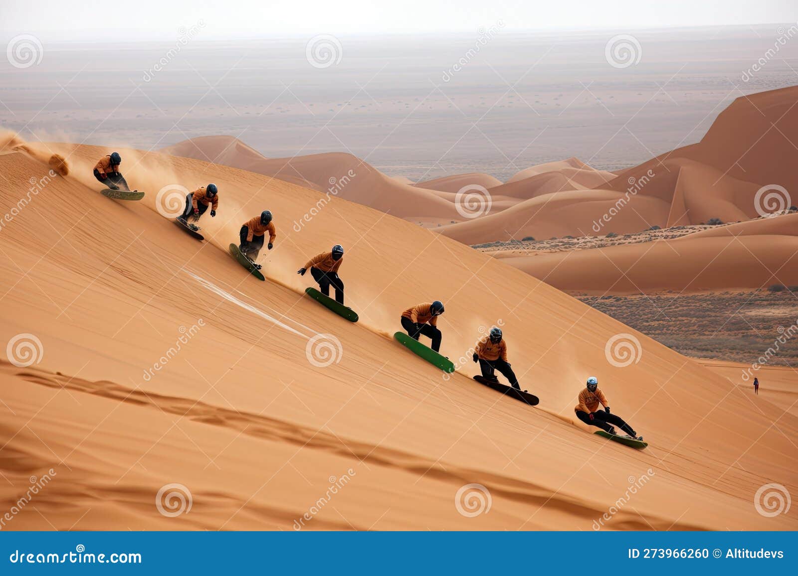 Team of Sandboarders Racing Down Dune, with the Finish Line in Sight Stock Illustration ...