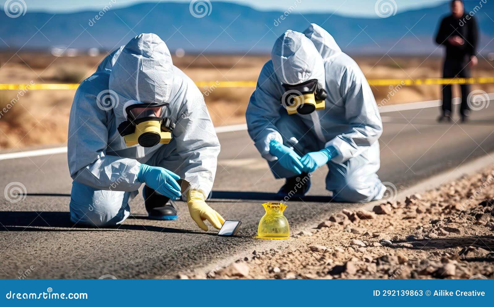Team of Scientists in Hazmat Suits Examining Soil Sample on the Road ...