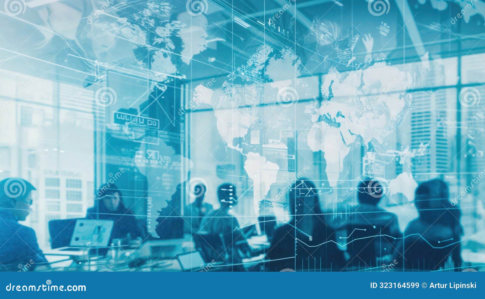 Team Silhouettes in Virtual Meeting with World Map Stock Illustration ...