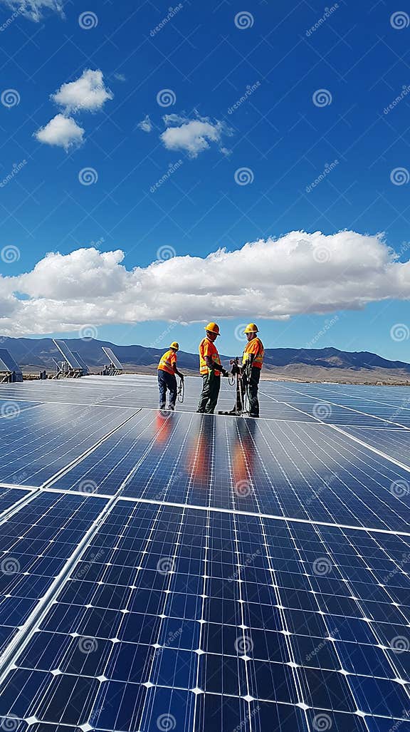 Team of Solar Panel Experts Conducting Maintenance on Installation ...