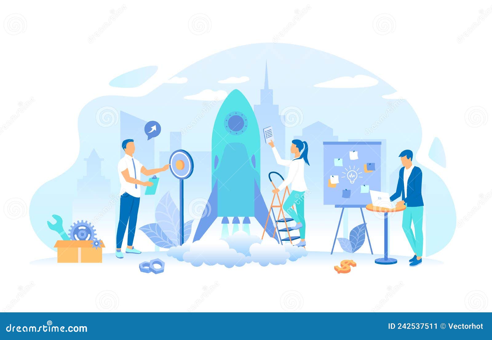 Team Of Specialists Launch A Rocket Into Space. New Project Startup ...