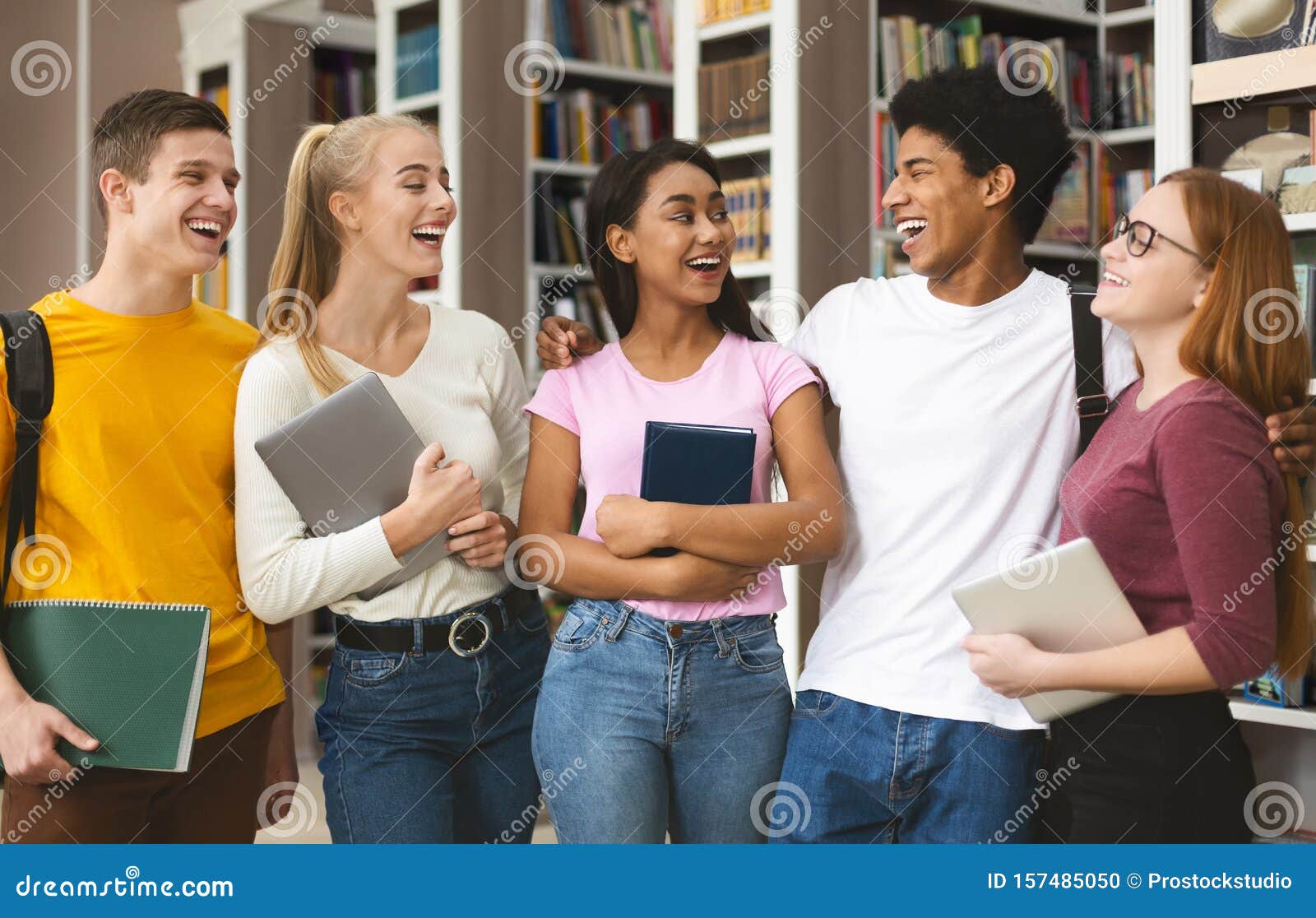 Team of Students Having Fun in Campus Library Stock Photo - Image of ...