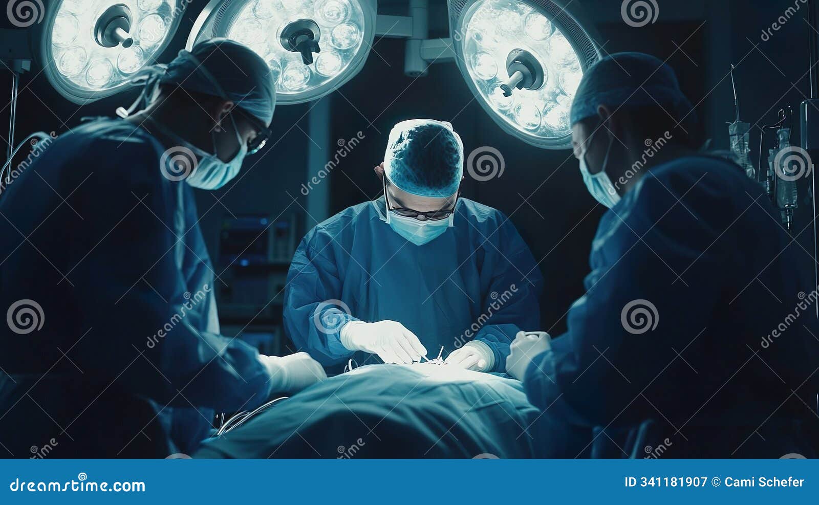 Surgeons Performing an Operation Under Bright Surgical Lights Stock ...