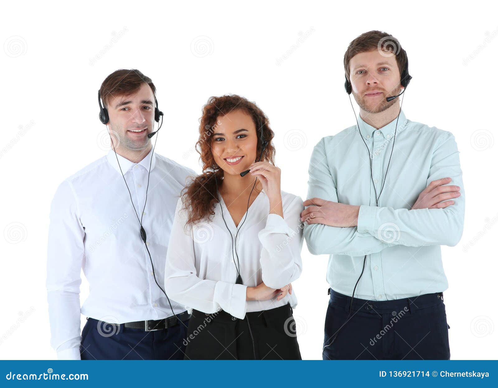 Team of Technical Support with Headsets on White Stock Photo - Image of ...