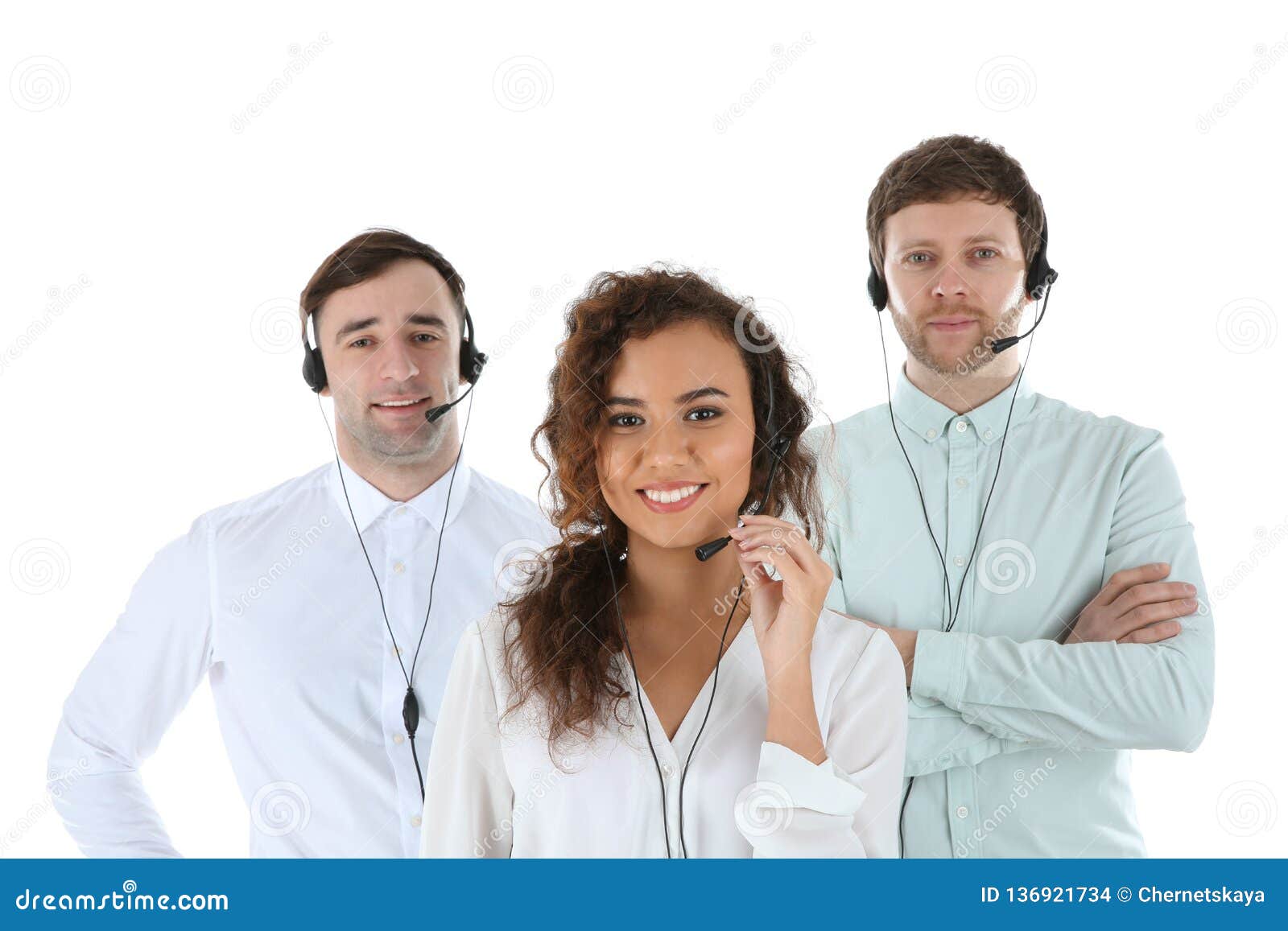 Team of Technical Support with Headsets on White Stock Photo - Image of ...