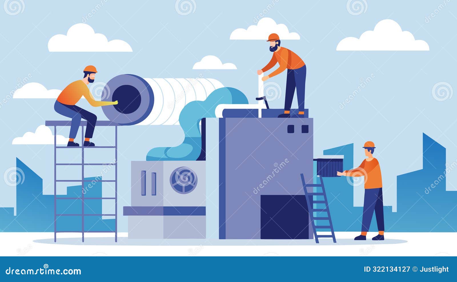 A Team Of Technicians Working On A Rooftop Installing An Intricate Duct ...