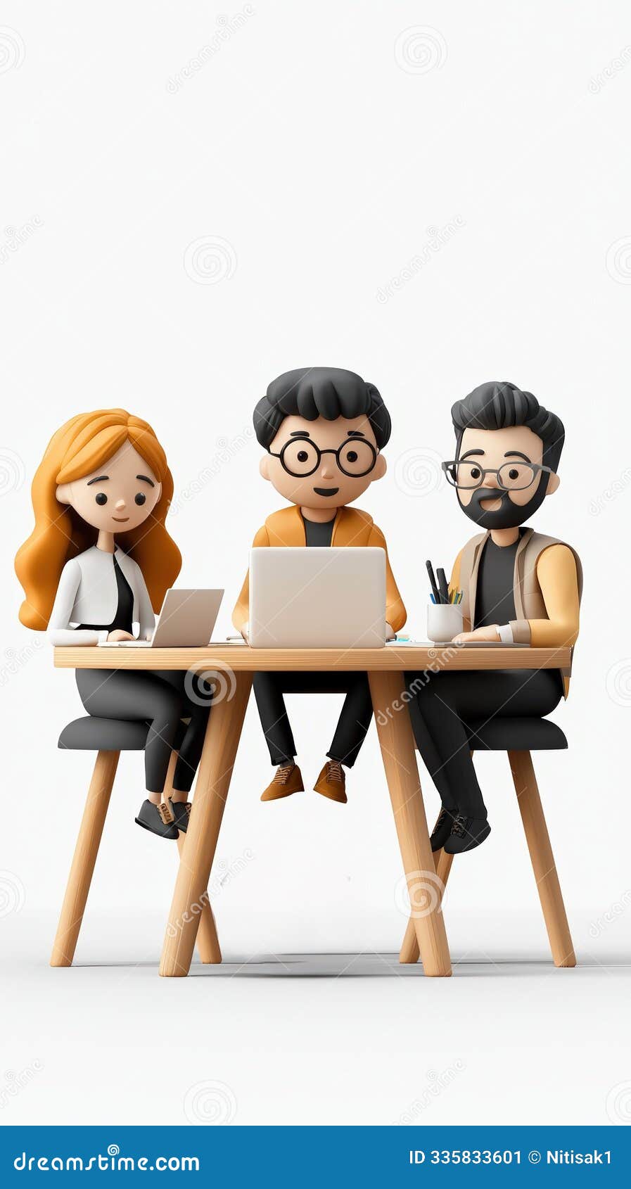 A Team of Three Animated Characters Collaborating at a Desk with ...