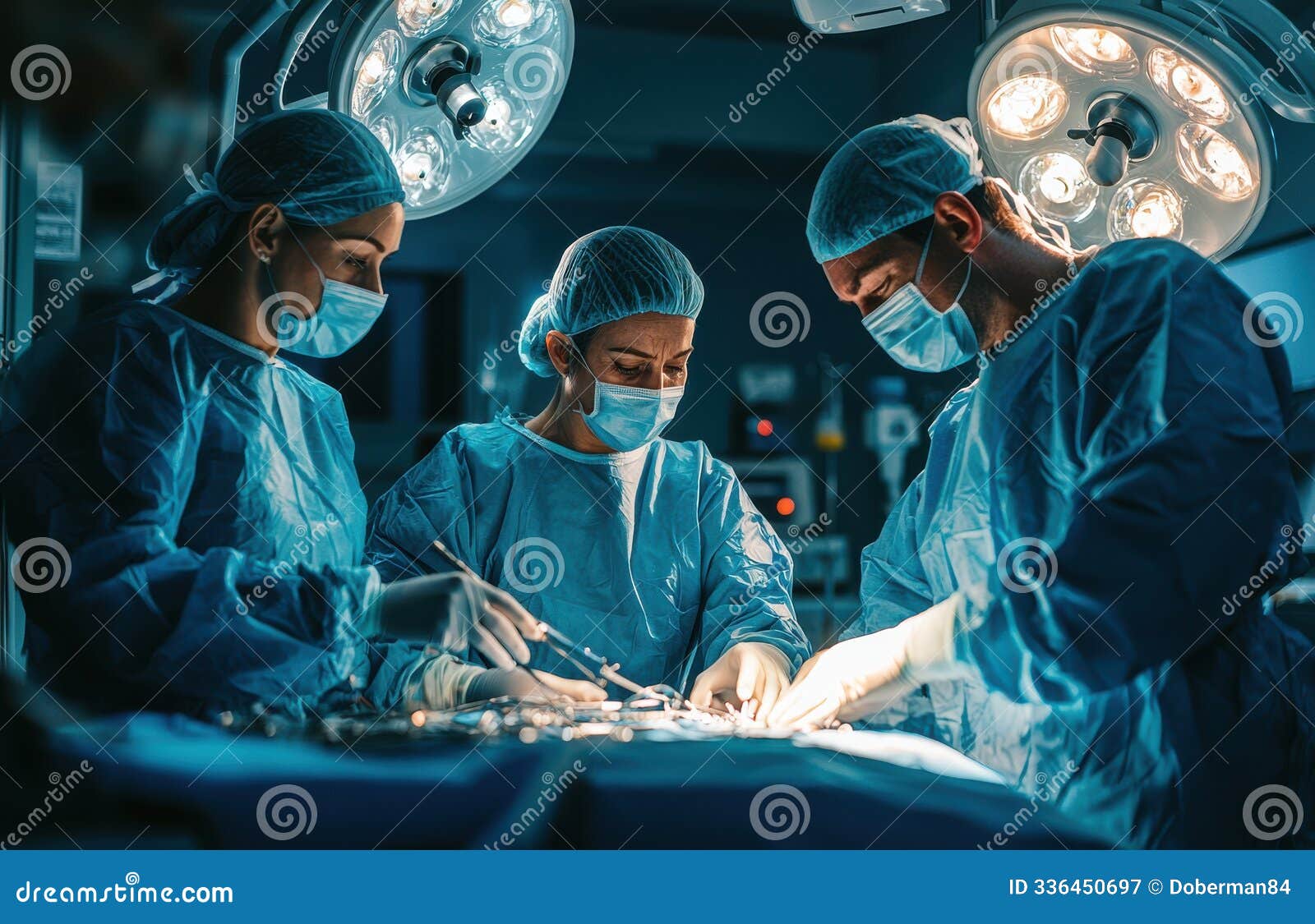 Team of Three Surgeons Performing a Complex Surgical Procedure in an ...