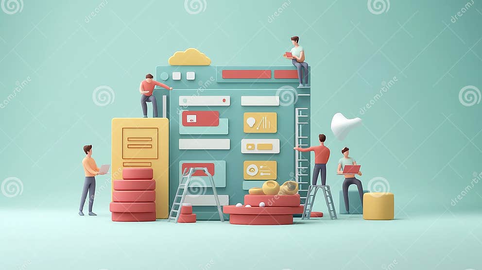 Team of Tiny Figures Building a Digital Interface in a Playful Scene ...