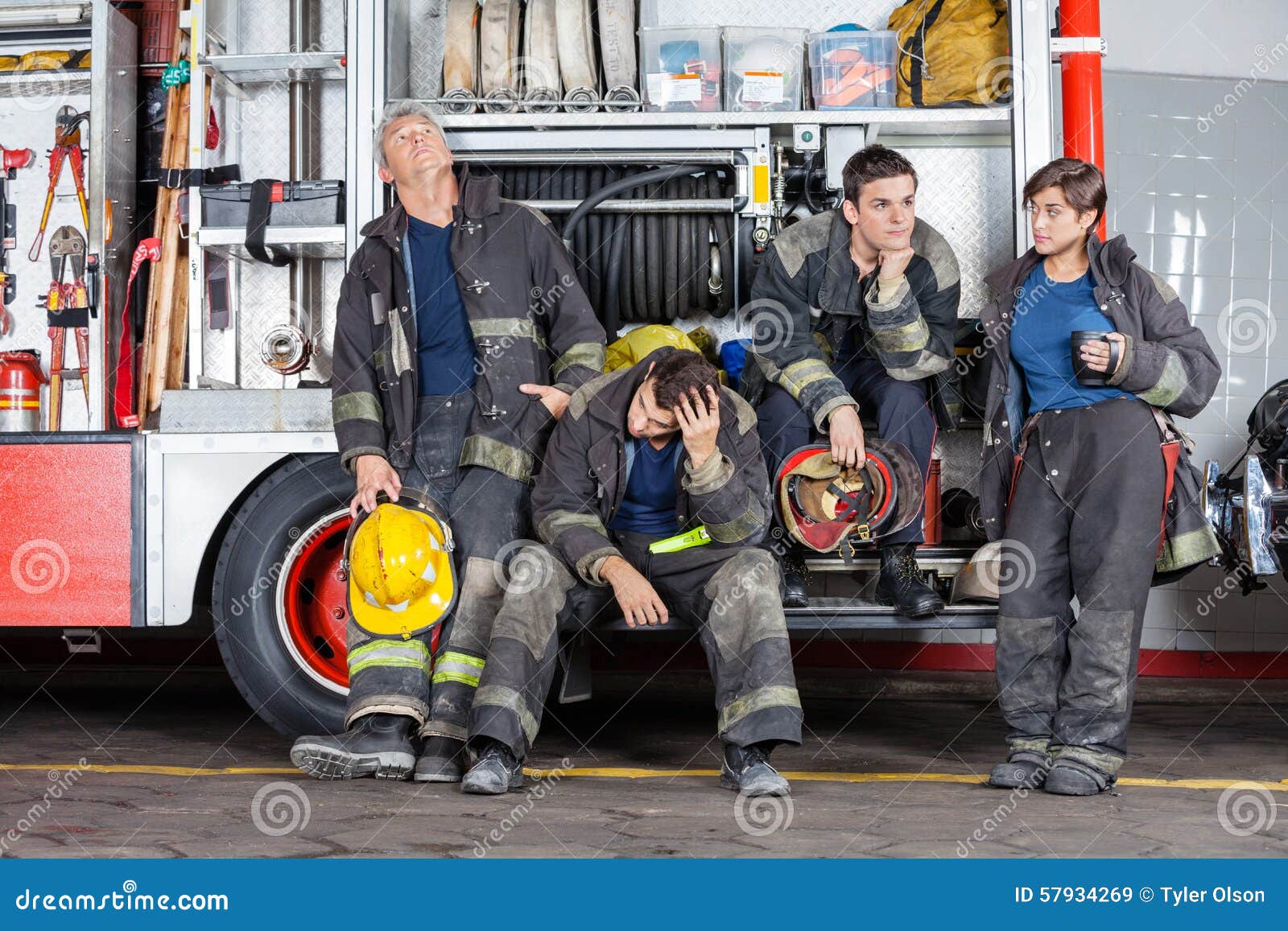 Team of Tired Firefighters at Station Stock Image - Image of protective ...