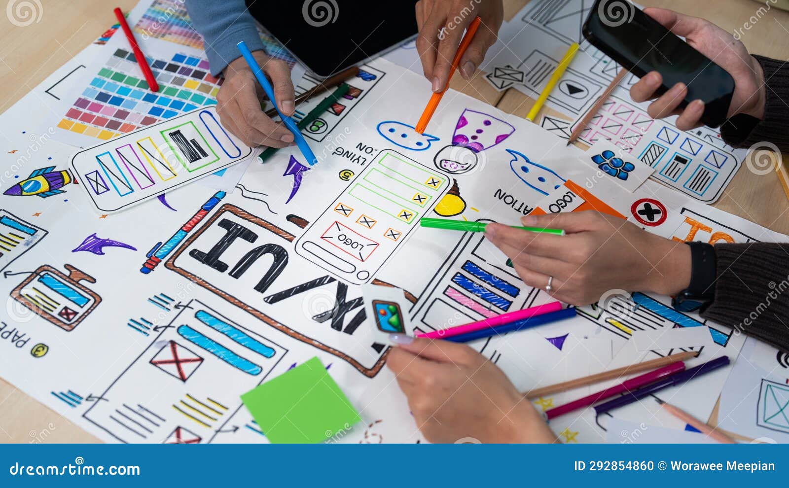 Team of Ux Developer and Ui Designer Brainstorming Interface Wireframe ...