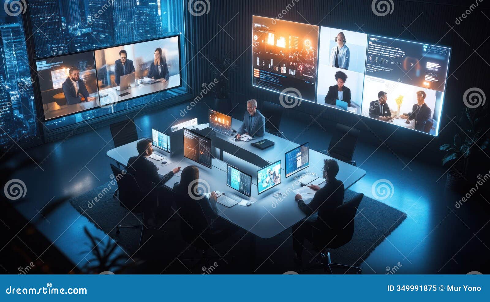 Team Video Conferencing in a Modern, Futuristic Control Room at Night ...