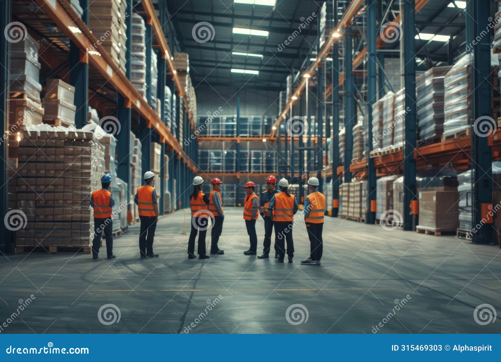 Team of Warehouse Workers in Safety Vests Engaging in a Group ...