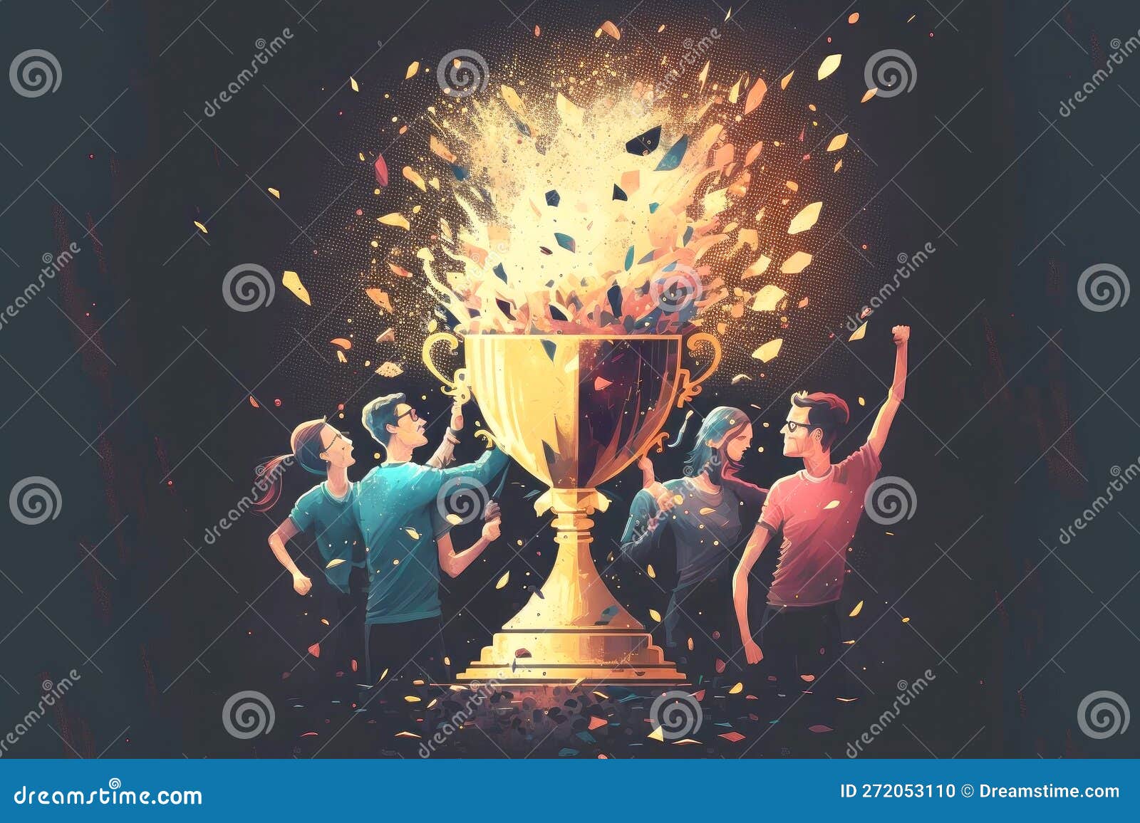Team of Winners Awarding Golden Cup with Confetti Stock Illustration ...