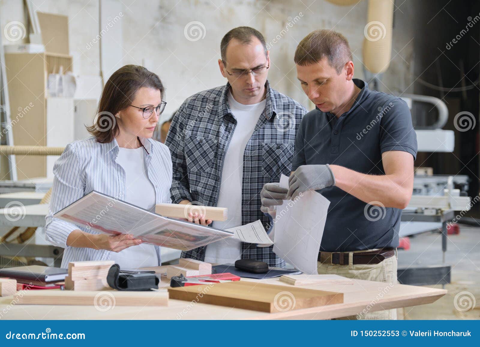 Team of Woodworking Workshop Workers are Discussing. Group of People ...