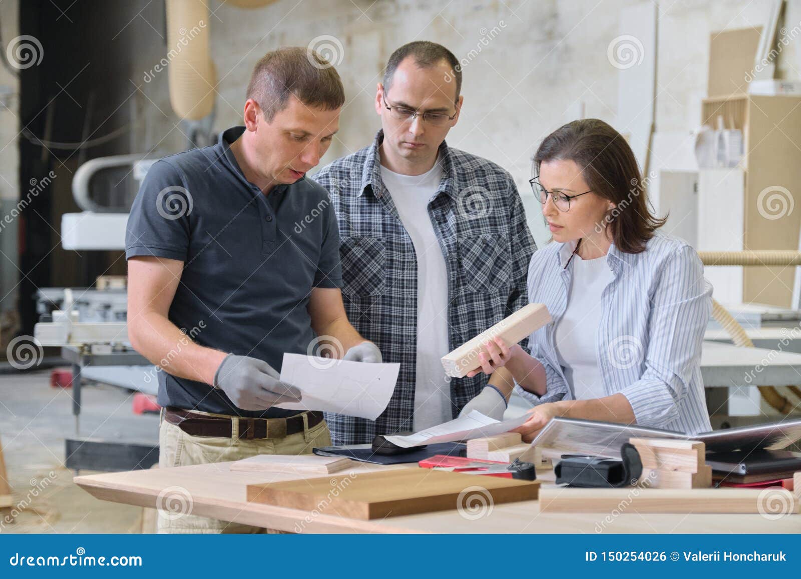 Team of Woodworking Workshop Workers are Discussing. Group of People ...